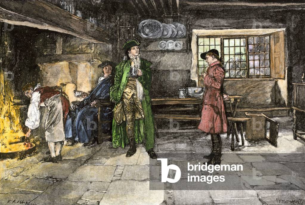 Image of Traveller in an inn, 18th century. Colouring engraving from the
