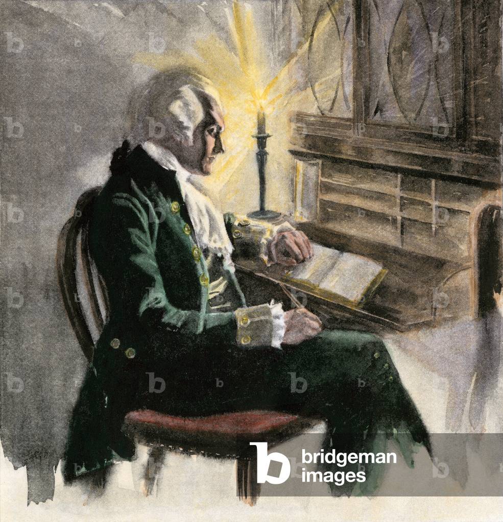 Image of Portrait of George Washington (1732-1799) writing a candle ...