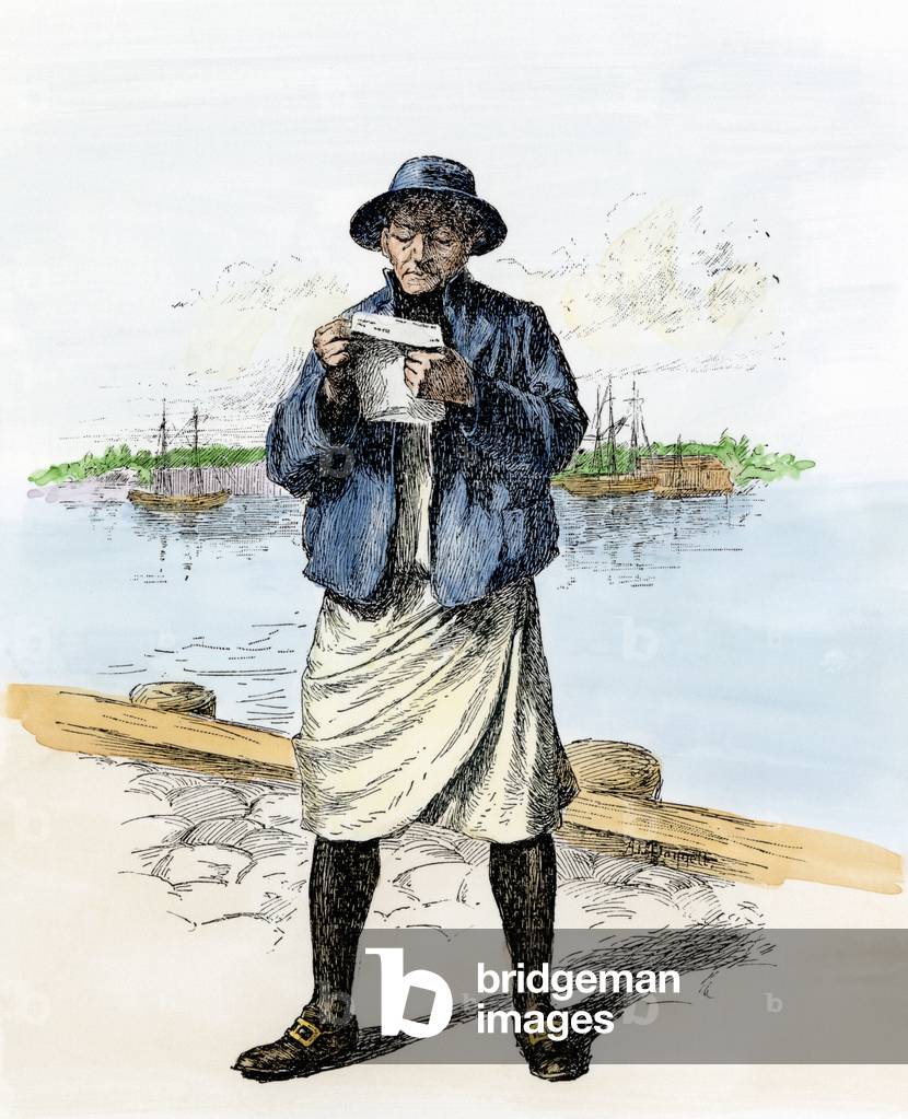 Image of American sailor of the late 1700s. Engraving of the 18th