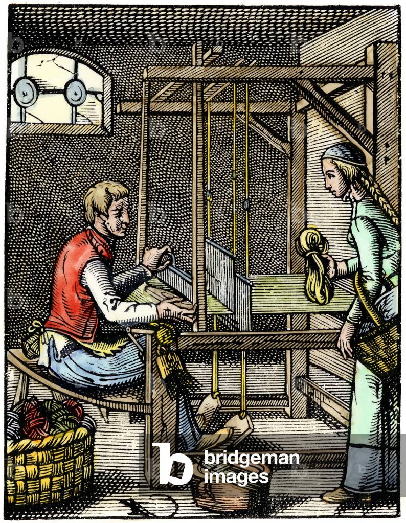 Image of Weaver and his weave in a workshop in Europe in