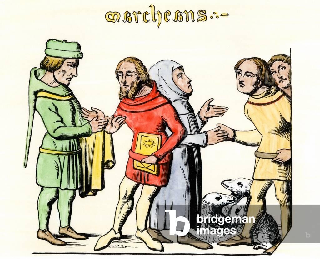 Image of Middle Ages: Business traders and farmer selling sheep, 14th ...