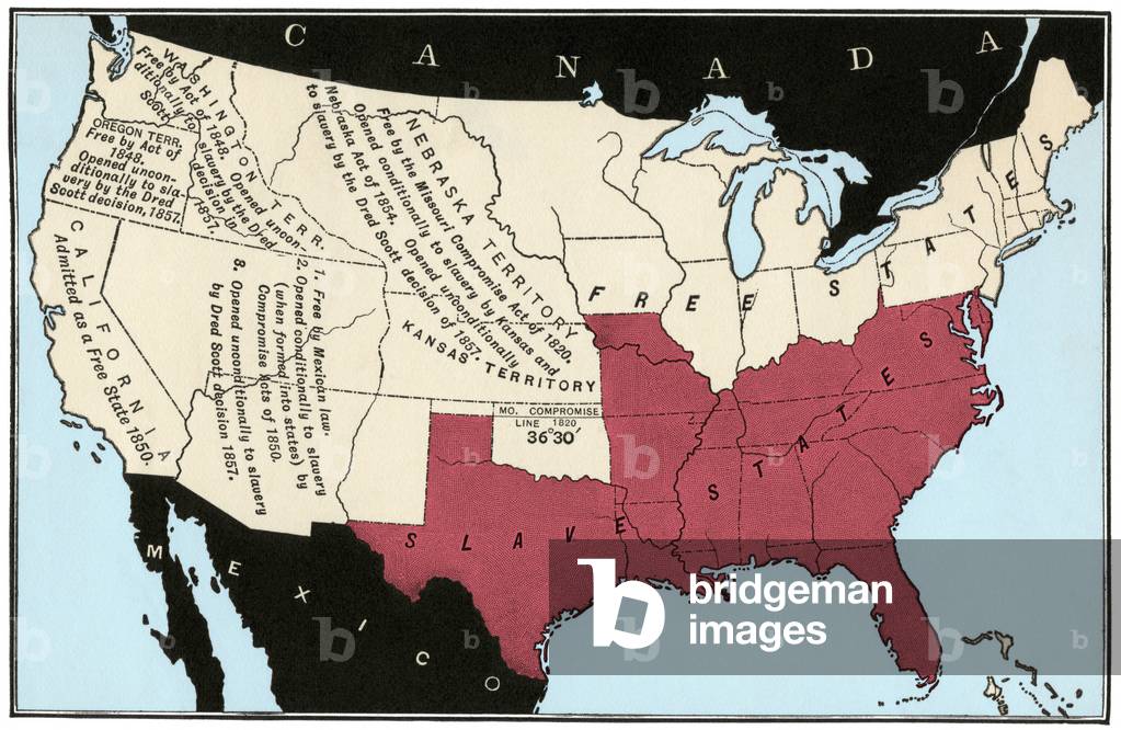 Image of Map of American Territory, with Free Regions and Slavery Regions,