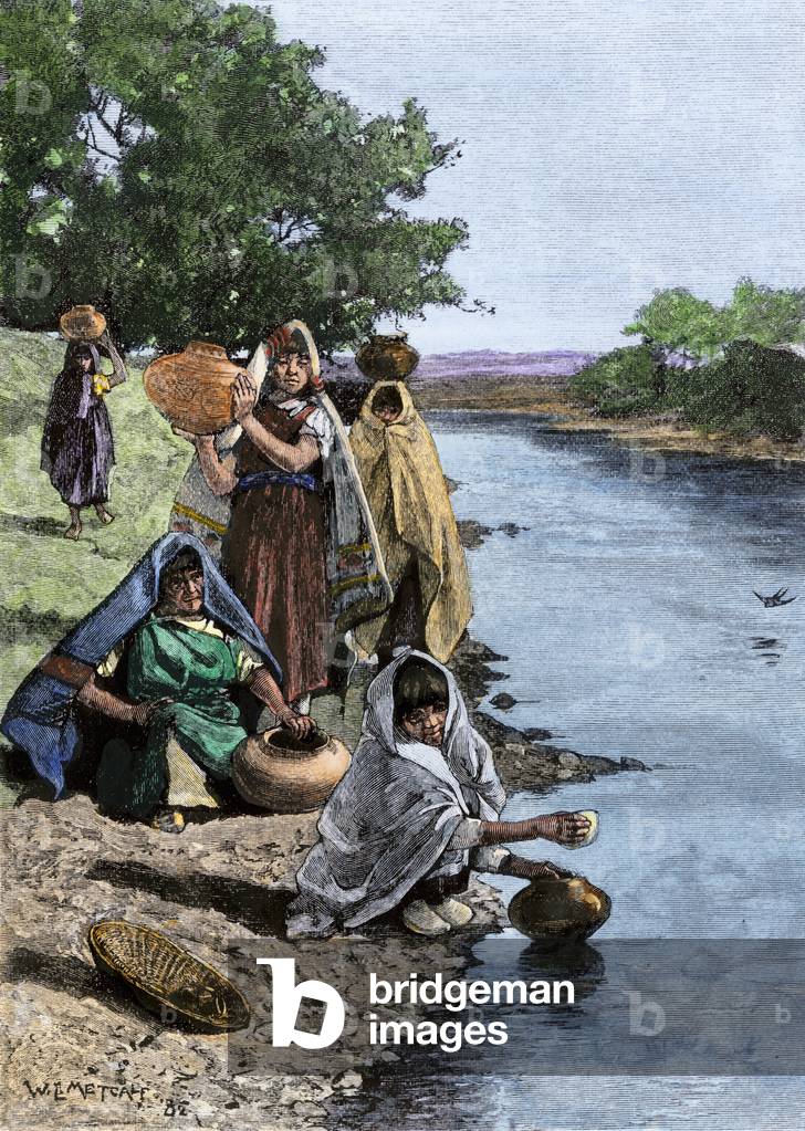 Image of Pueblo Indian people taking water from the Rio Grande River