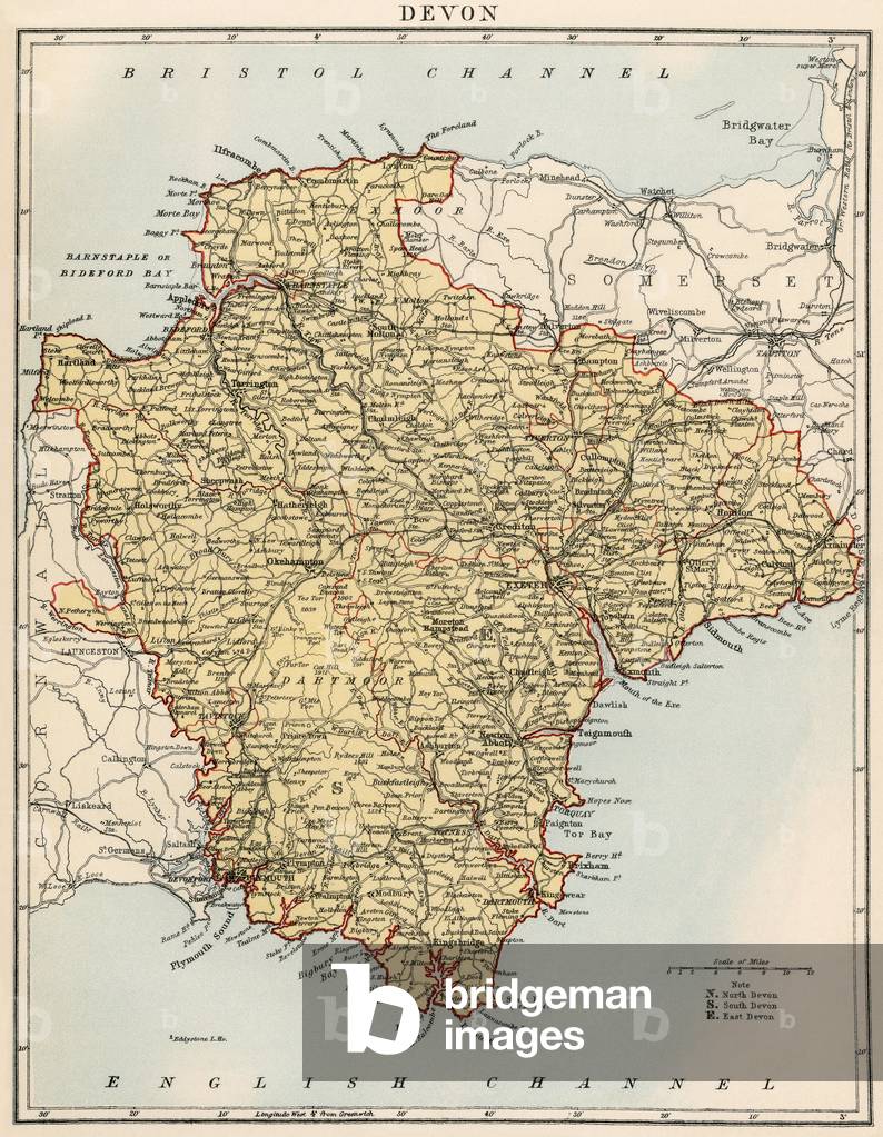 Image of Map of the Count of Devon (England), circa 1870. 19th