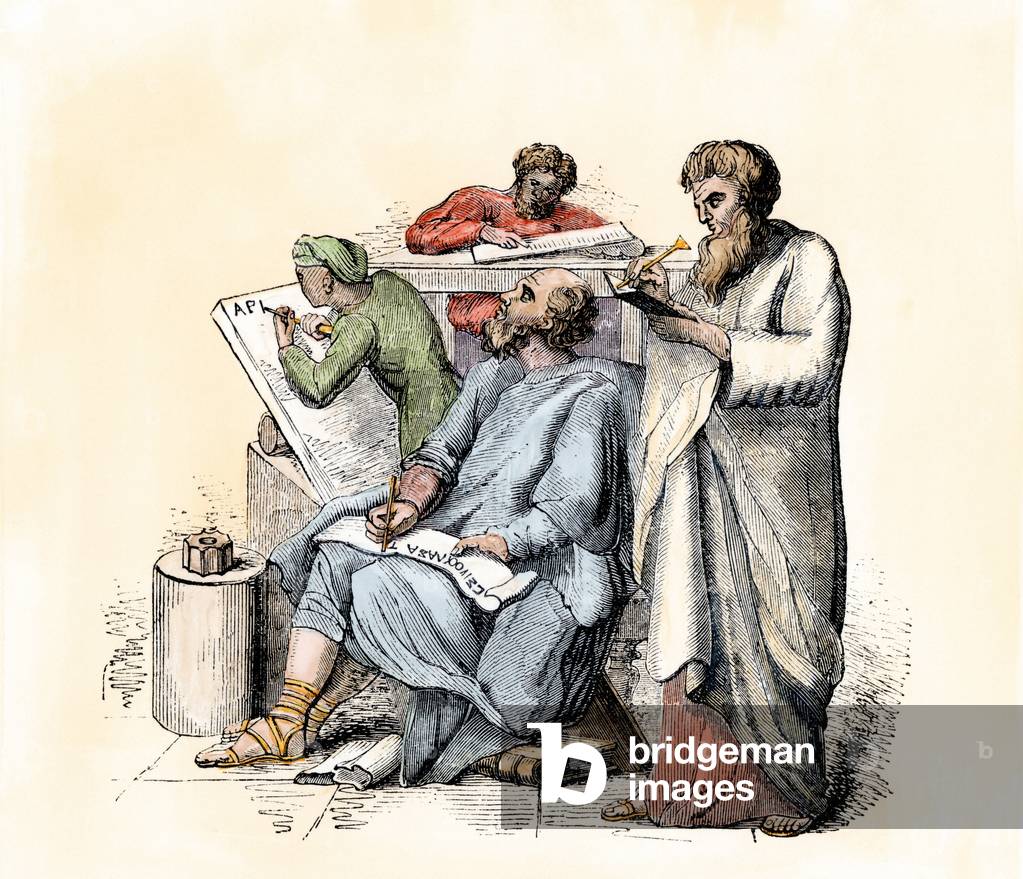 Image of Ancient Greece: writing workshop. Scribes using pen and stilet to