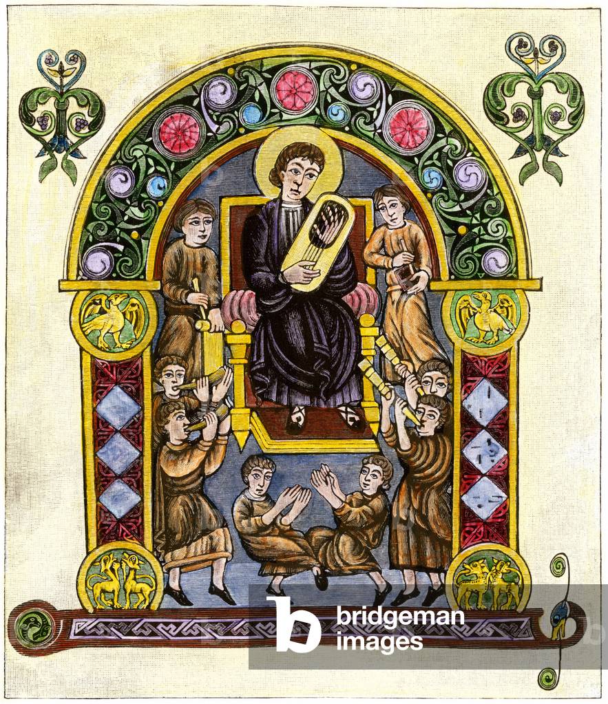 Image of Biblical scene: King David with his lyre and musical angels.