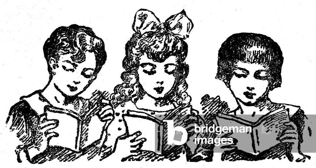 Image of 3 children reading: Engraving after a drawing by R. Maury,