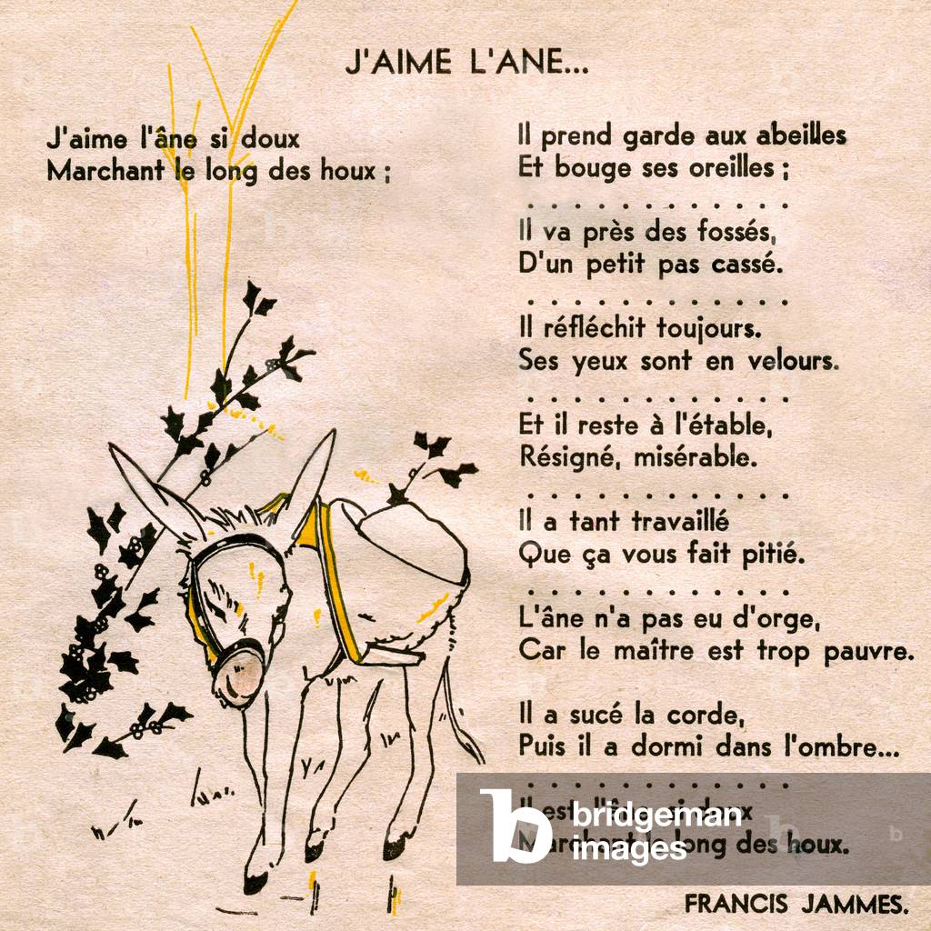 Image of J'aime l'donkey, a famous poem by Francis Jammes, 1938 (print ...