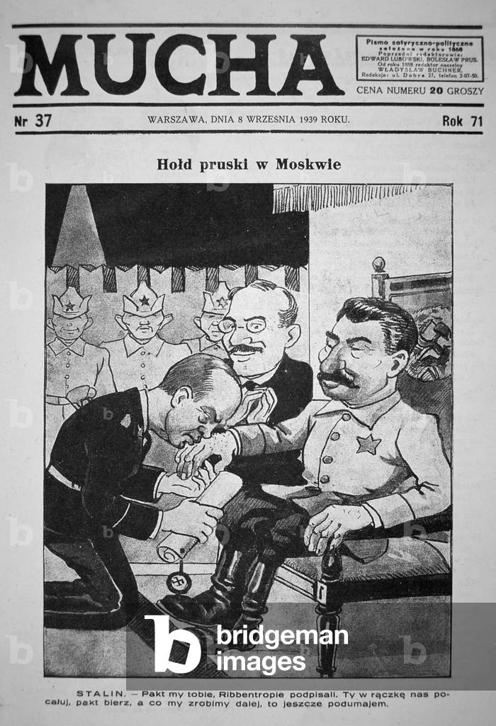 Image of Cartoon on the Molotov-Ribbentrop Pact, from 'Mucha', 1939 (litho) by Polish School ...
