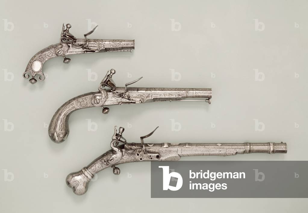 Image of Flintlock pistol, engraved iron inlaid with silver, by L.O ...