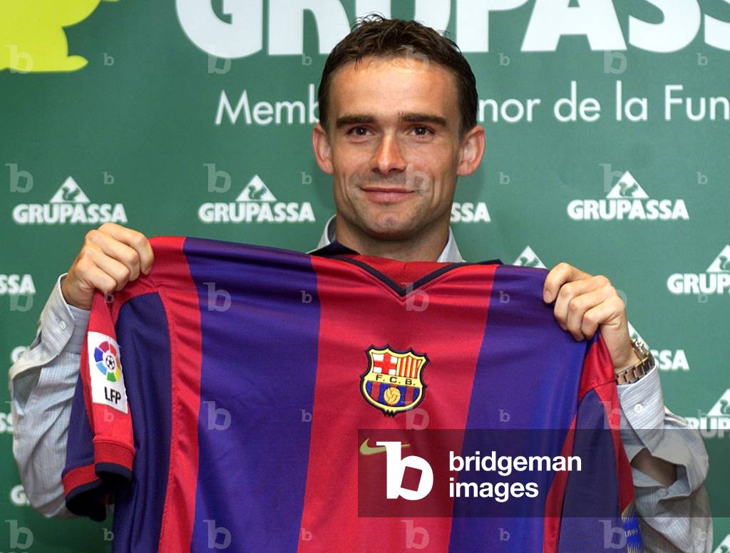 Image of Dutch International Marc Overmars displays his new Barcelona ...