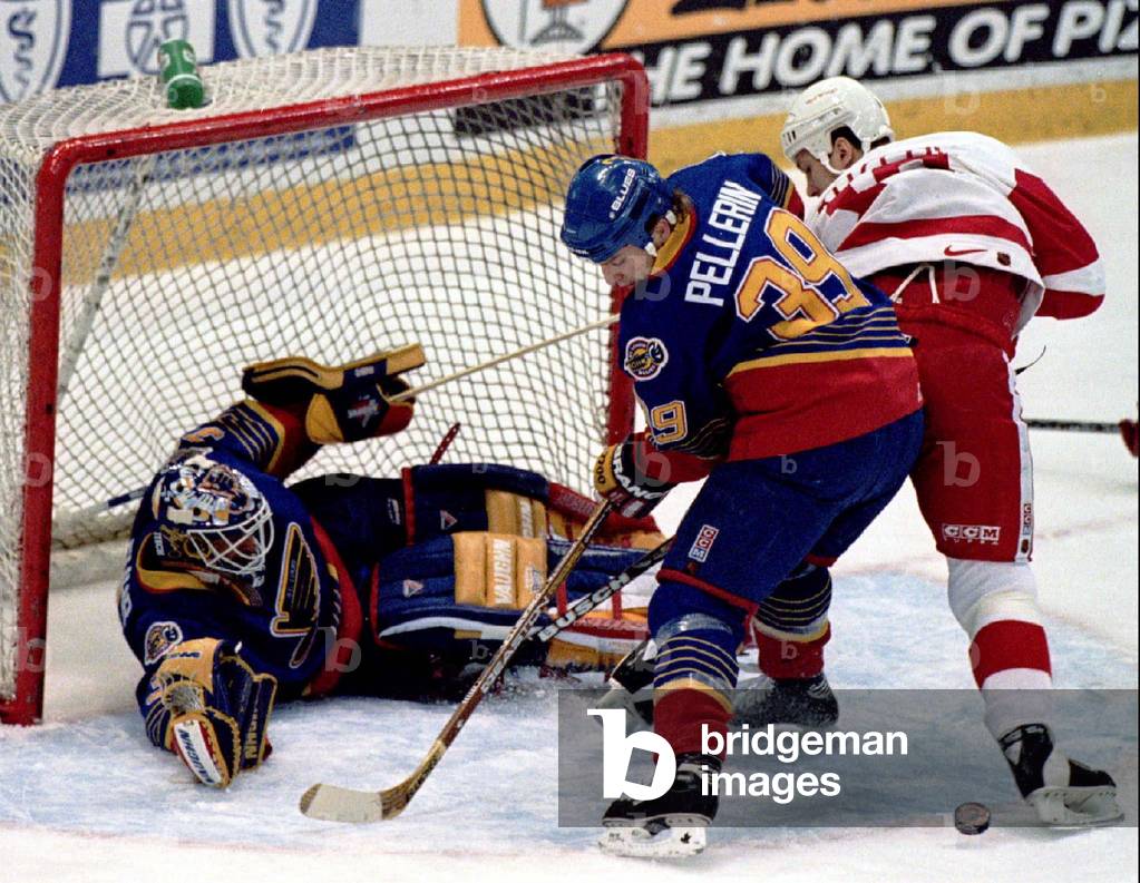 Image of ST LOUIS BLUES GOALIE FUHR IN NET AGAINST RED WINGS