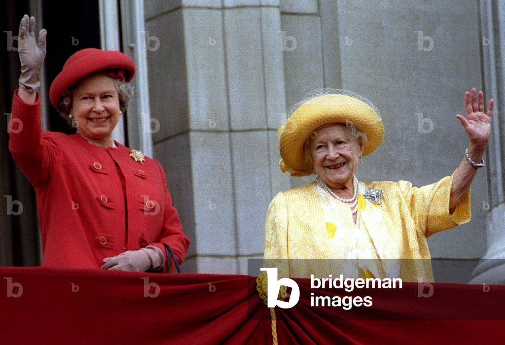 Image of The Queen Mother (R) accompanied by the Queen Elizabeth II