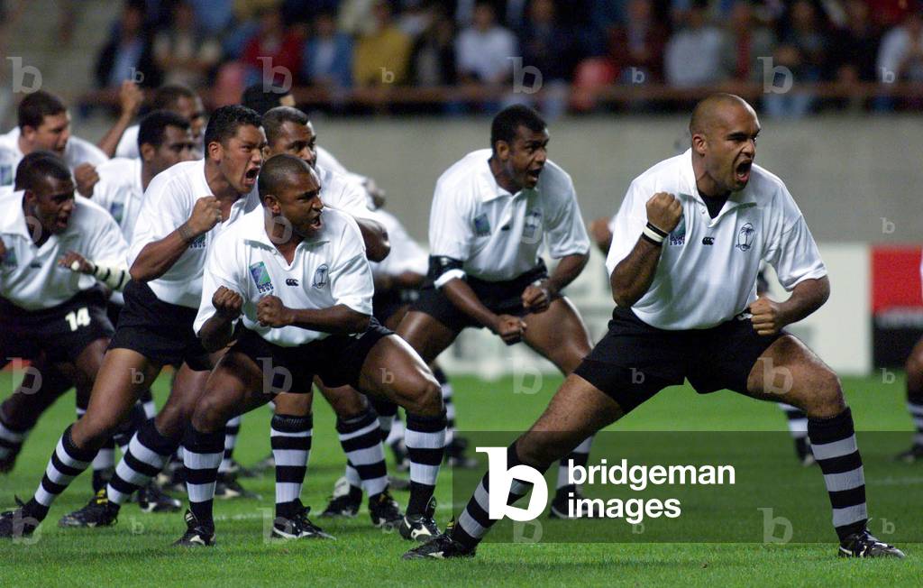 Image of THE FIJI RUGBY TEAM DANCE TRADITIONAL "HAKA" BEFORE WORLD CUP
