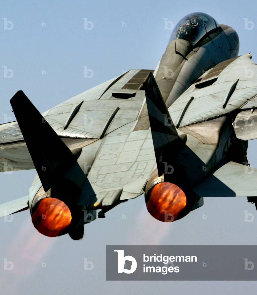 Image of An F-14 Tomcat fighter jet roars off the flight