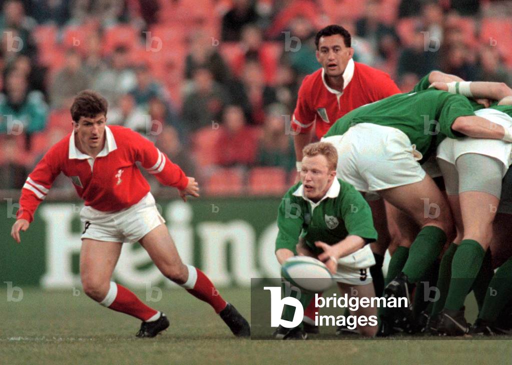 Image of Ireland's scrumhalf Niall Hogan (C) clears the ball from the