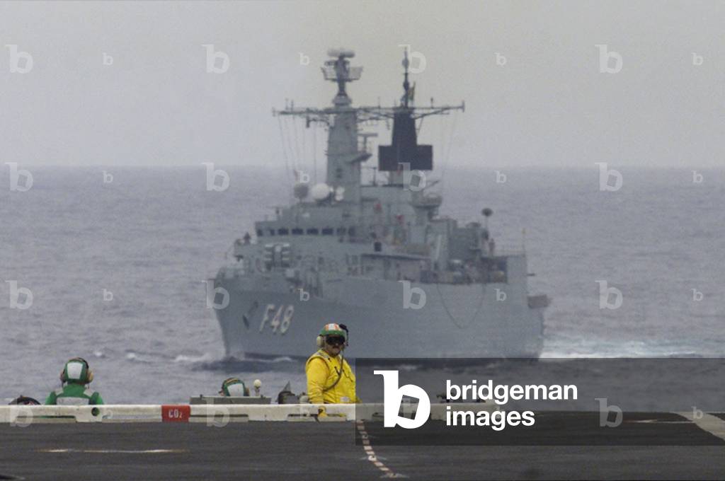 Image of The Brazilian Navy frigate Bosisio (rear) is seen sailing near