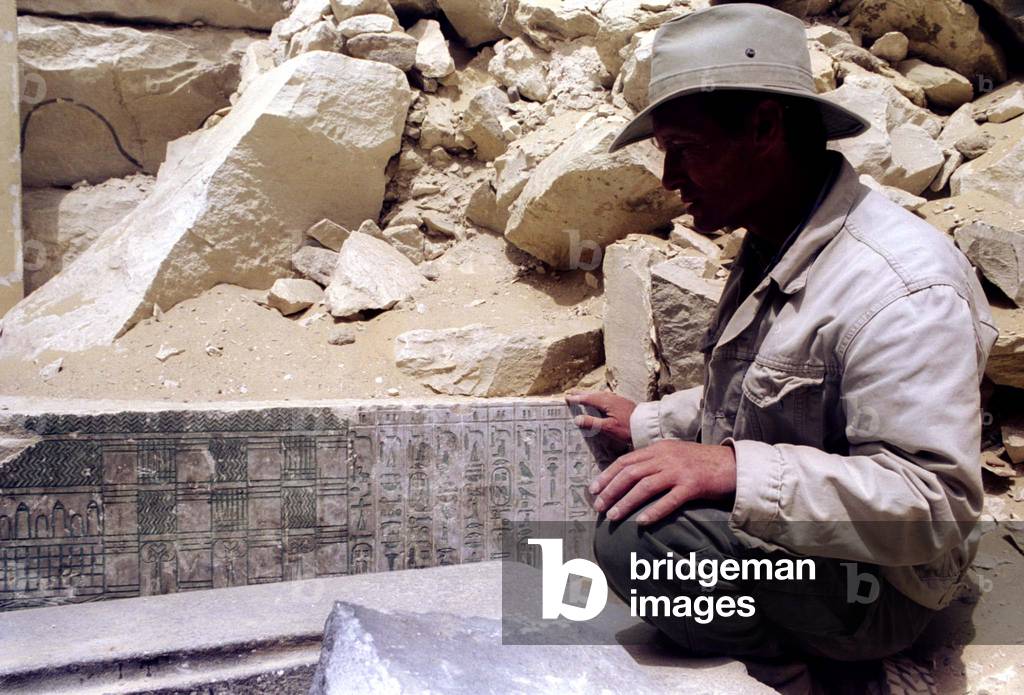 Image of FRENCH ARCHAEOLOGIST BY ANCIENT SLAB, 2000-04-11 (photo)