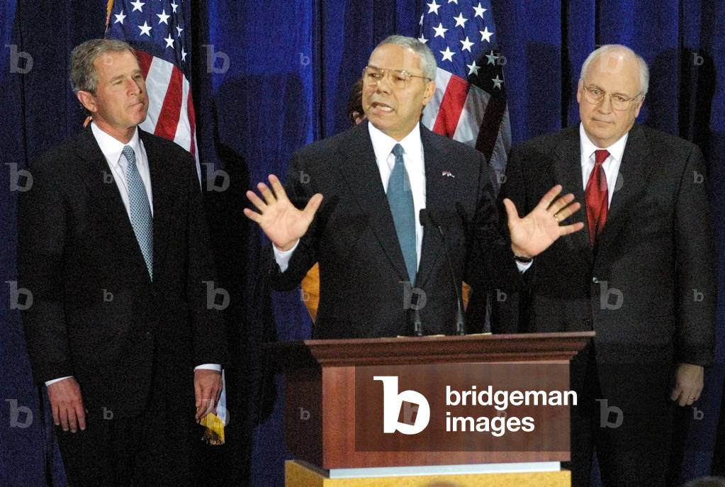 Image of COLIN POWELL WITH BUSH AND CHENEY IN CRAWFORD, 2000-12-16 (photo)
