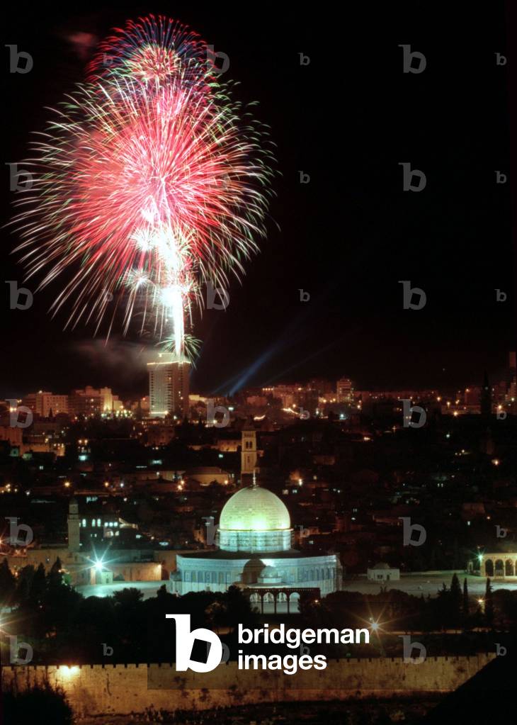 Image of FIREWORKS OVER JERUSALEM DOME OF THE ROCK TO CELEBRATE 50TH