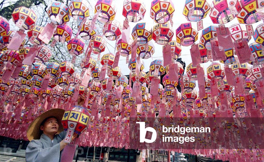 Image of A Buddhist nun hangs a lotus-shaped lamp at Seoul's Chogye