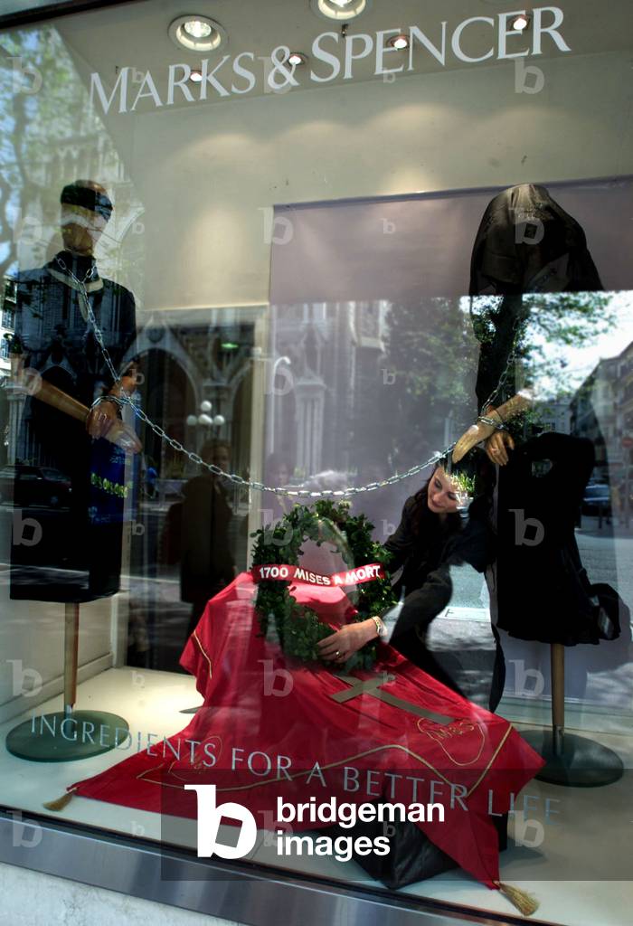 Image of MARKS AND SPENCER WINDOW DISPLAYS COFFIN AND DUMMIES DRESSED IN