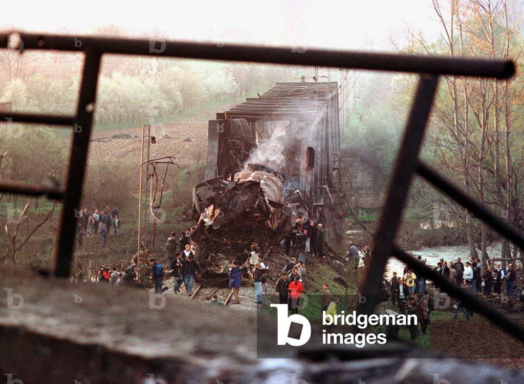 Image of THE SCENE OF BOMBING OF A TRAIN IN YUGOSLAVIA, 1999-04-13