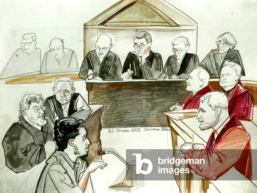 Image of A COURT DRAWING SHOWS MOUNIR EL MOTASSADEQ DURING THE FIRST