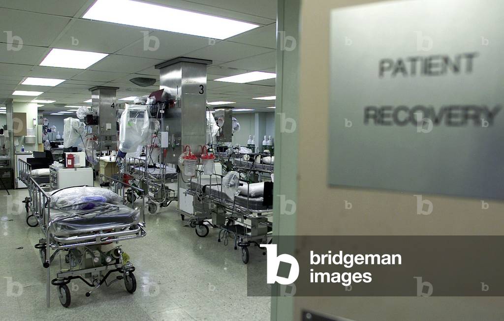 Image of Hospital beds sit ready aboard the US Navy Hospital Ship