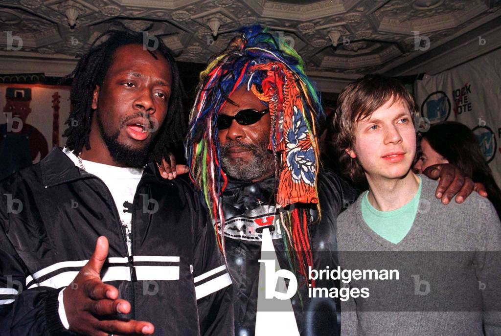 Image of Singer Wyclef Jean (L) poses with singers George Clinton (C)