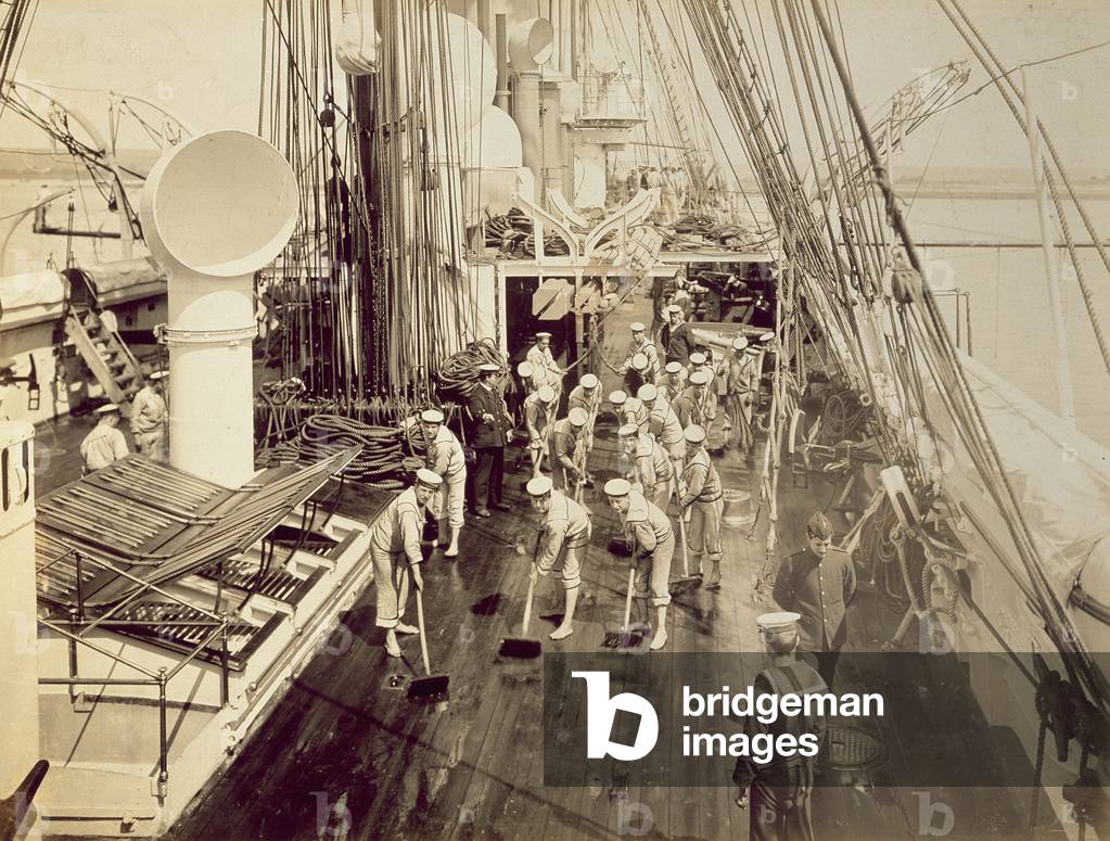 Image of Scrubbing the deck of the HMS Calliope (b/w photo) by English ...