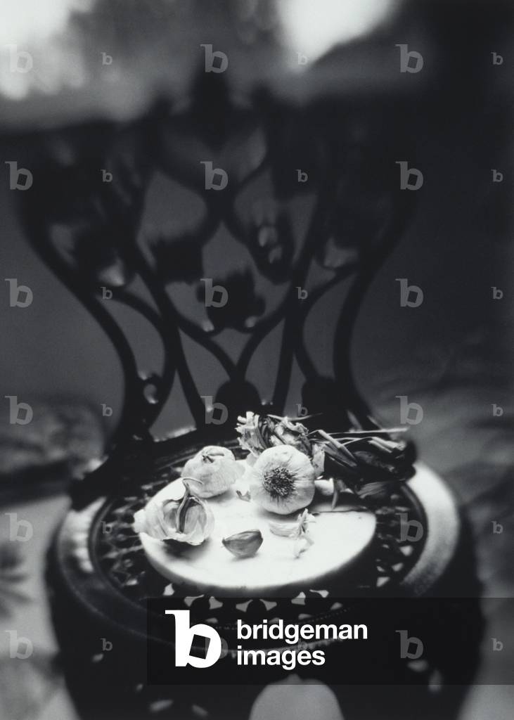Image of Plate with garlic on garden chair (black and white photograph)