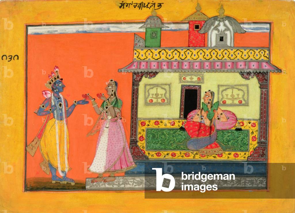 Image of Krishna arriving at Radha's house, illustration from a ...