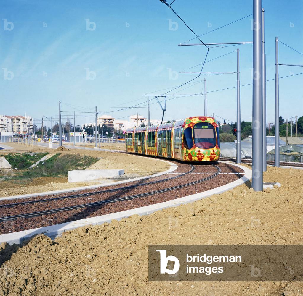 Image of The new tram line T2 in Montpellier. Sabine exchange pole. by ...