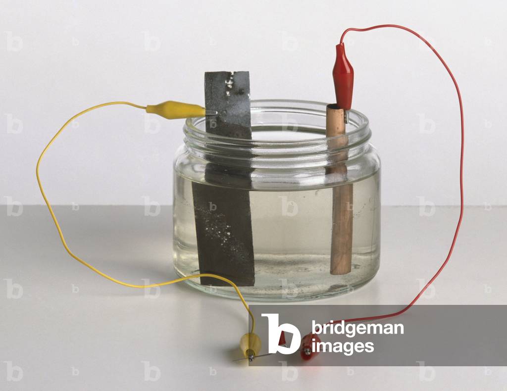 Image of Early battery, working by chemical reaction, with zinc strip as