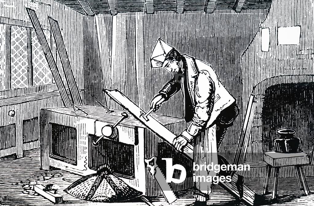 Image of Engraving depicting a carpenter drawing a nail from a plank