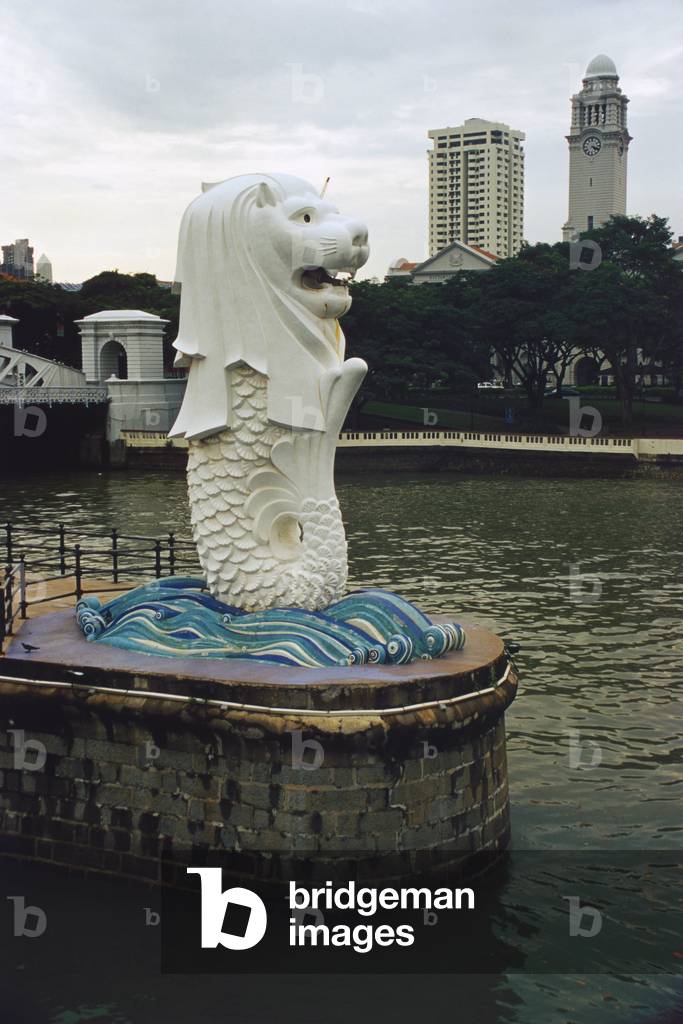 Image of Singapore, Singapore River, stone statue of Merlion, mythical ...