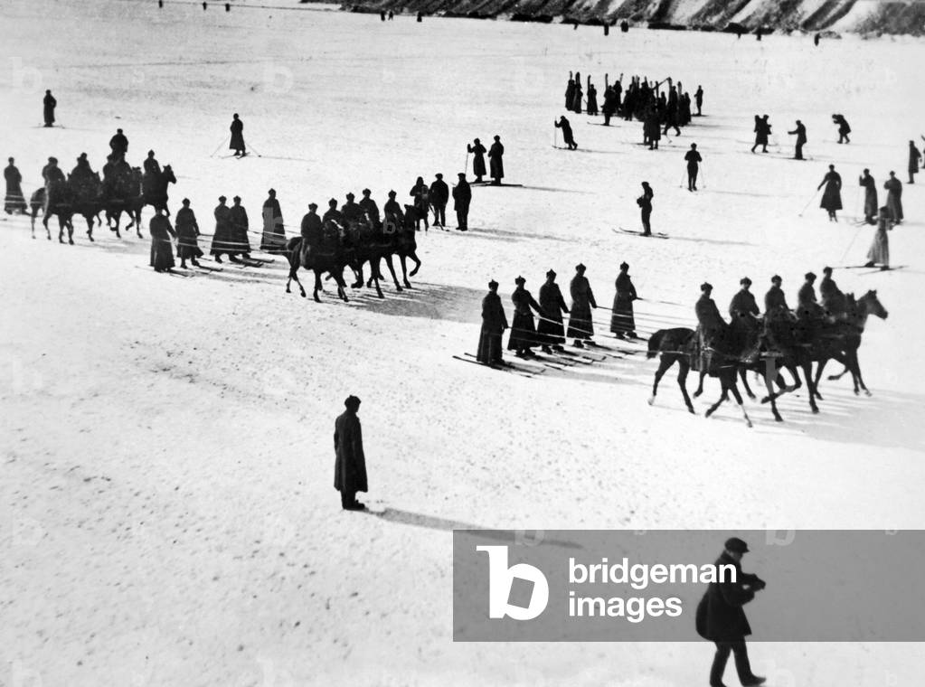 Image of Moscow, Russia: 1930 Soviet soldiers skijoring five abreast in ...