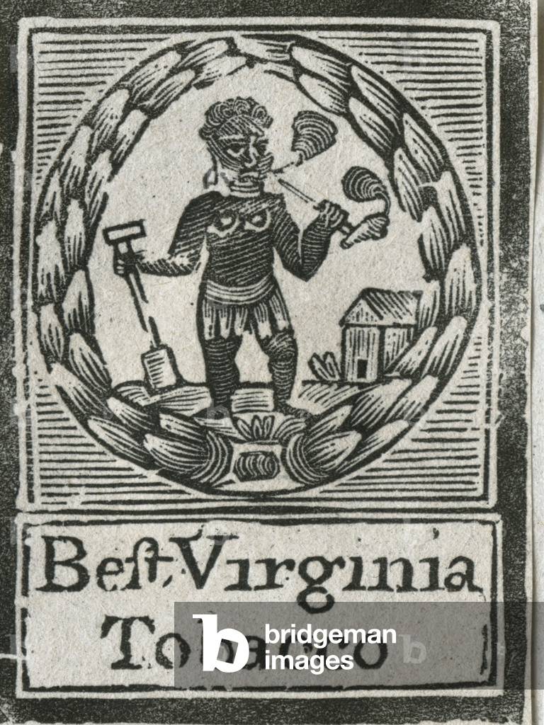 Tobacco label featuring a native American Indian woman smoking (woodcut ...