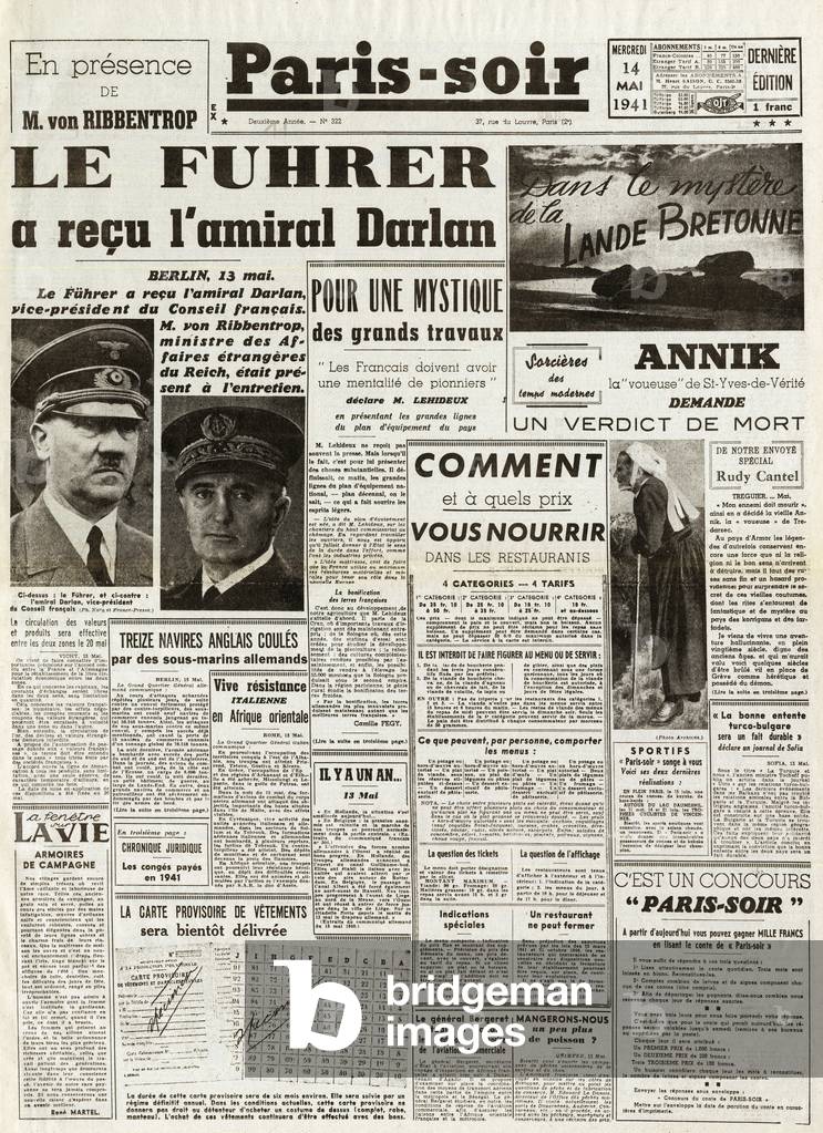 Image of JOURNAL “” PARIS EIR “” WEDNESDAY 14 MAY 1941 “” by French ...