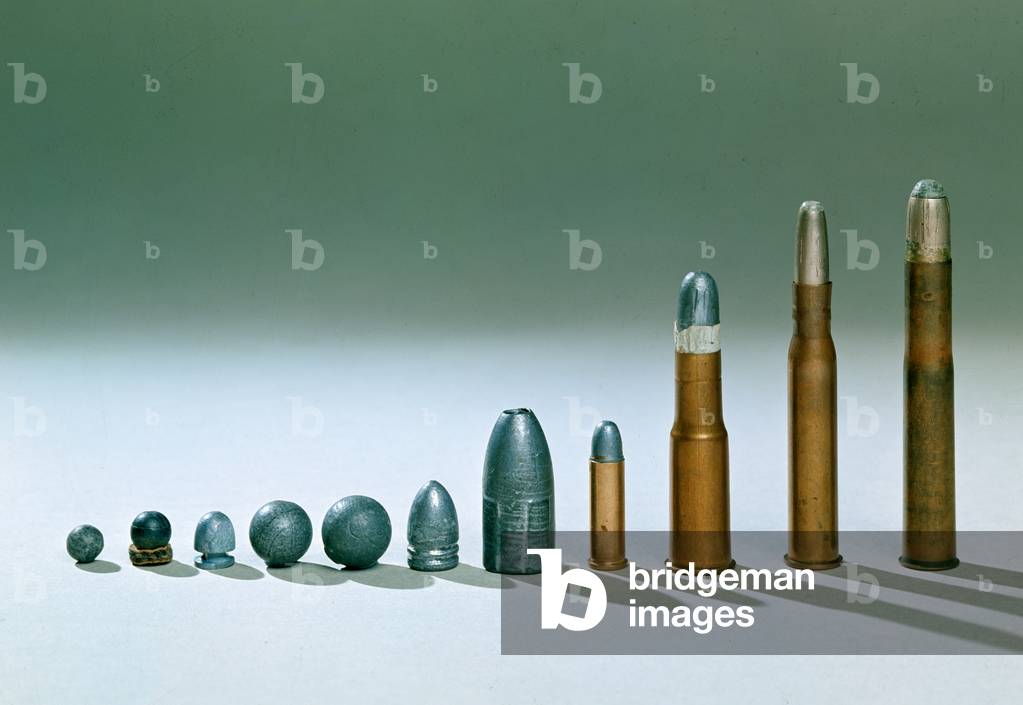 Image of Eleven bullets ranging from revolver size to big game Magnum