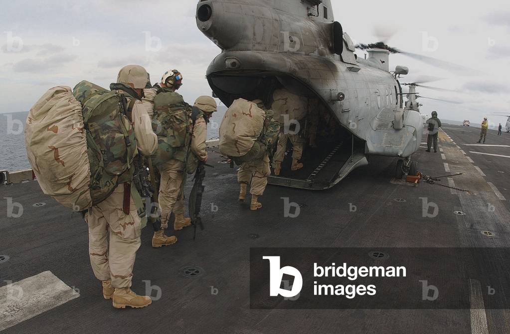 Image of U.S. Marines on the amphibious command ship USS Bataan board