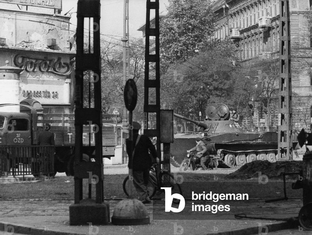 Image of Tank through the streets of Budapest, Hungary, 1956 (b/w photo)