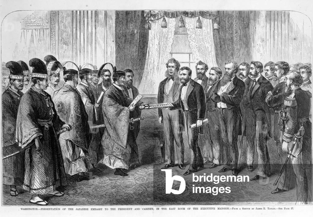 Image of Japanese delegation presenting documents to President Grant, 1872
