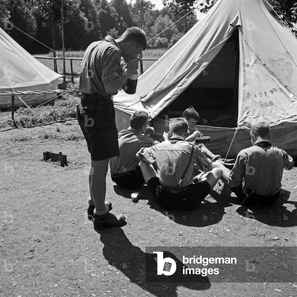 Image of Lunch break at the Hitler youth camp, Austria 1930s (b/w