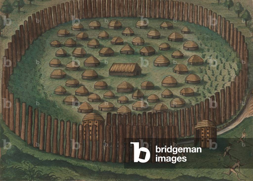 Image of A native American fortified town in Florida surrounded by a by ...