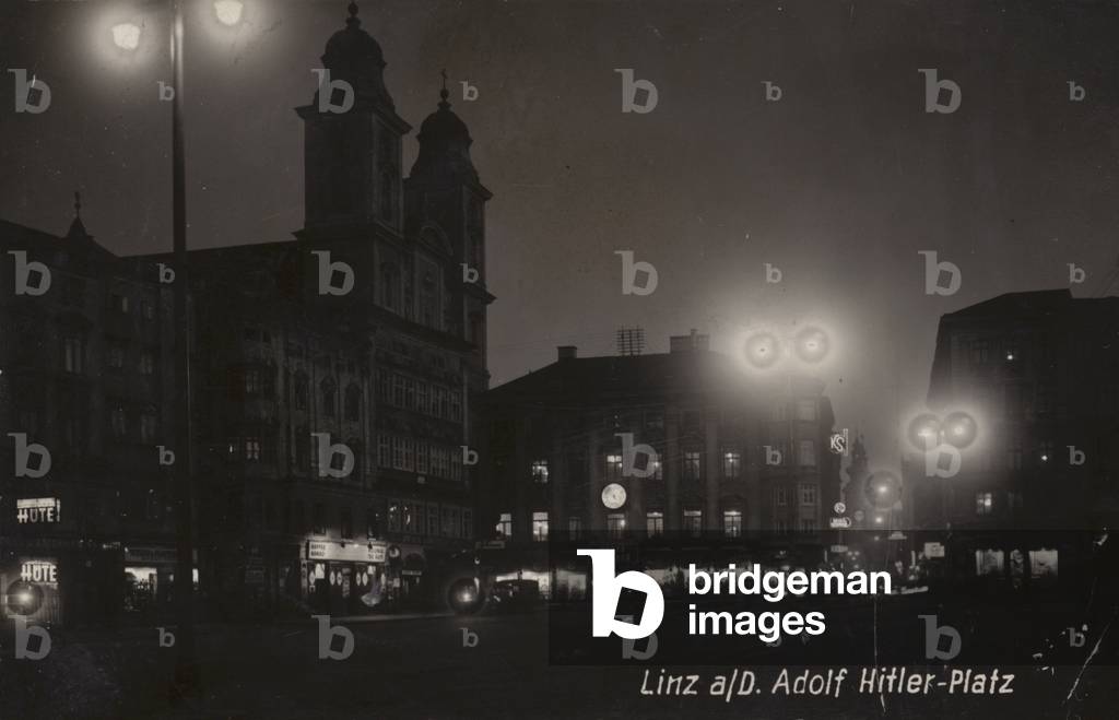 Image of Adolf Hitler Platz at night, Linz, Austria, c1938-c1940 (b/w ...