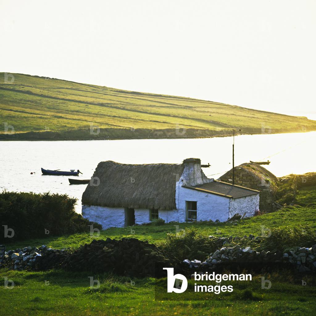 Image of View of a thatched cottage, Clifden Bay, Connemara, County Galway,