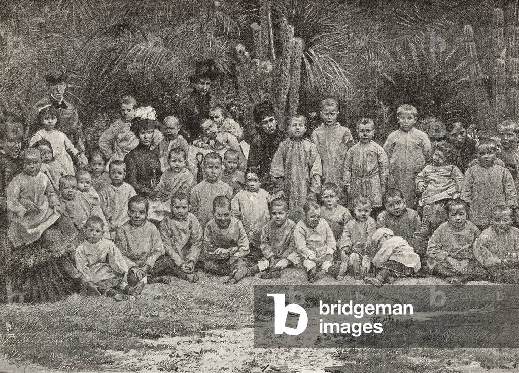 Image of Children in La Spezia orphanage, Italy, engraving from drawing by