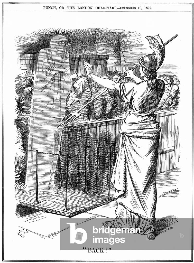 Image of Britannia holding back Cholera at British ports. In the ...